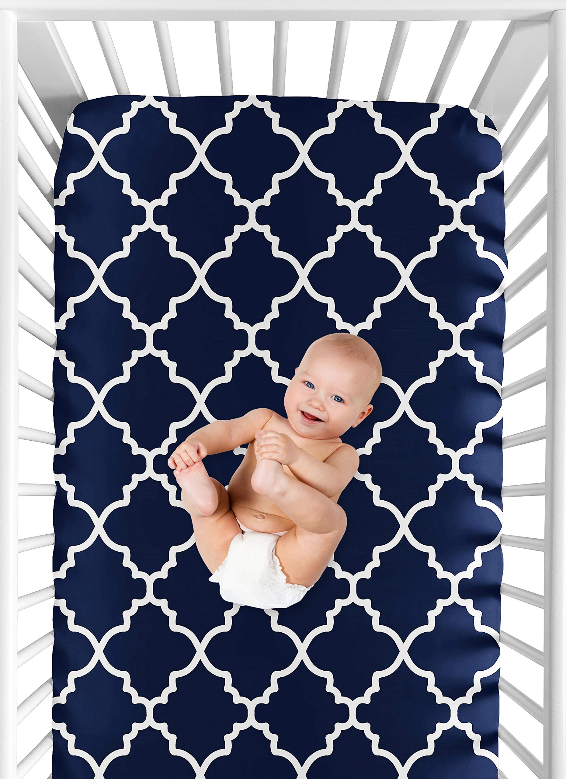 Navy Blue and White Modern Baby or Toddler Fitted Crib Sheet for Trellis Lattice Collection by Sweet JoJo Designs
