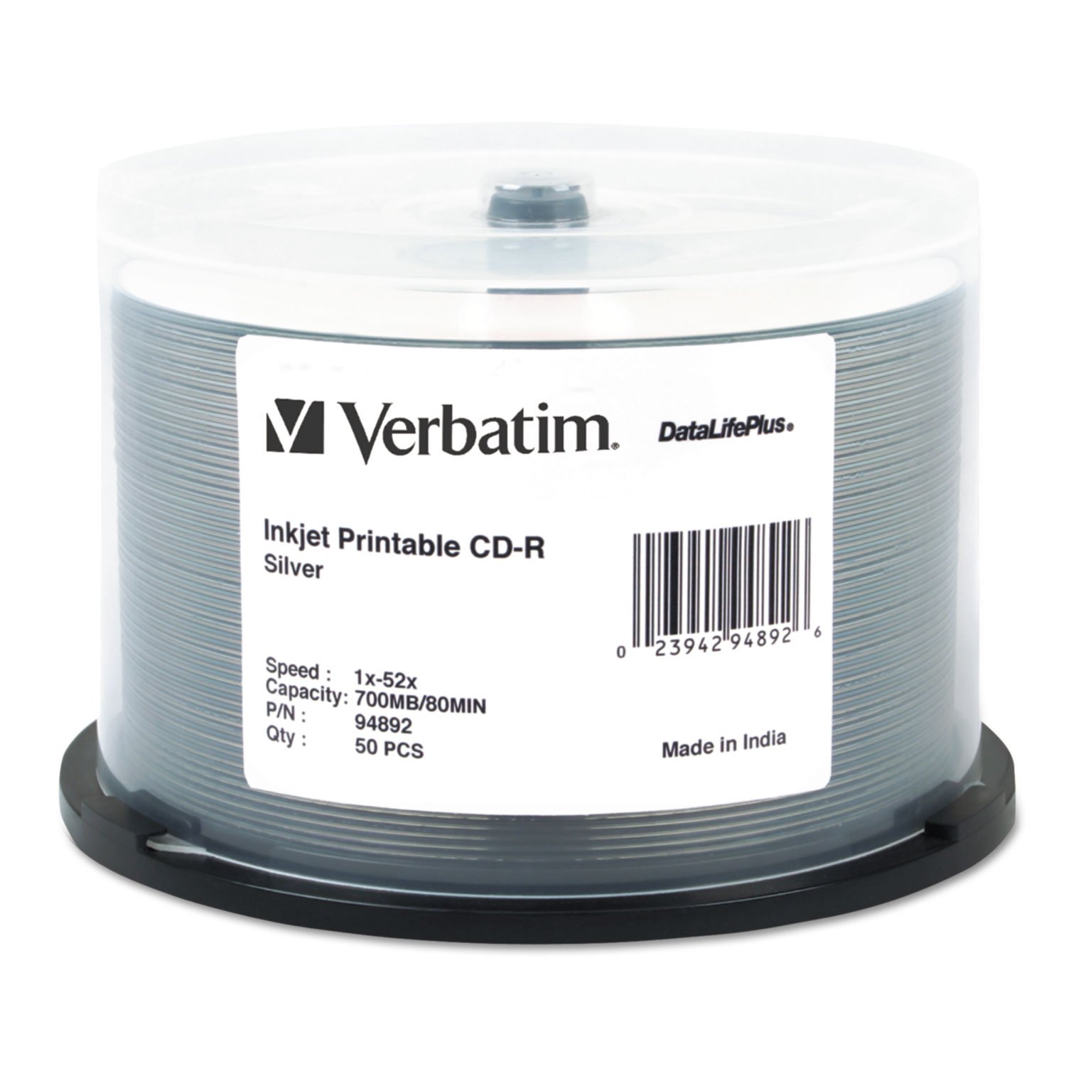 VER94892 Verbatim 94892 CD-R Discs, Printable, 700MB/80min, 52x, Spindle, Silver, 50/Pack