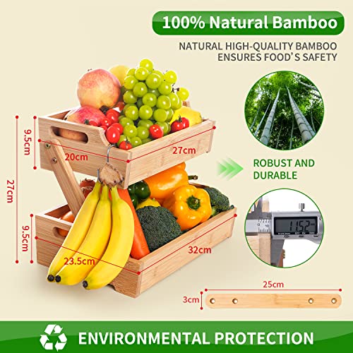 ETECHMART Bamboo Fruit Basket, 2 Tiers Fruit Bowl For Kitchen Counter, Large Capacity Detachable Vegetable Bread Storage Basket Banana Holder Stand