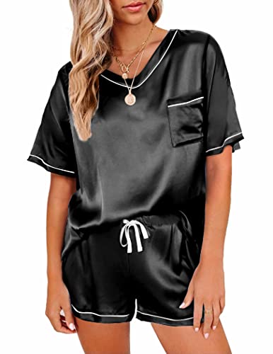 Ekouaer Satin Pajama Set Women Short Sleeve Silk Pajama Set 2 Piece Lightweight Lounge Sets with Pants Black Large