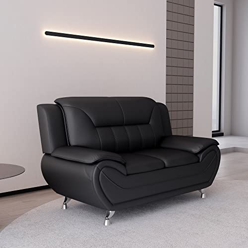 Container Furniture Direct Michael Modern Faux Leather Upholstered Stainless Steel Legs Living Room Loveseat, Black