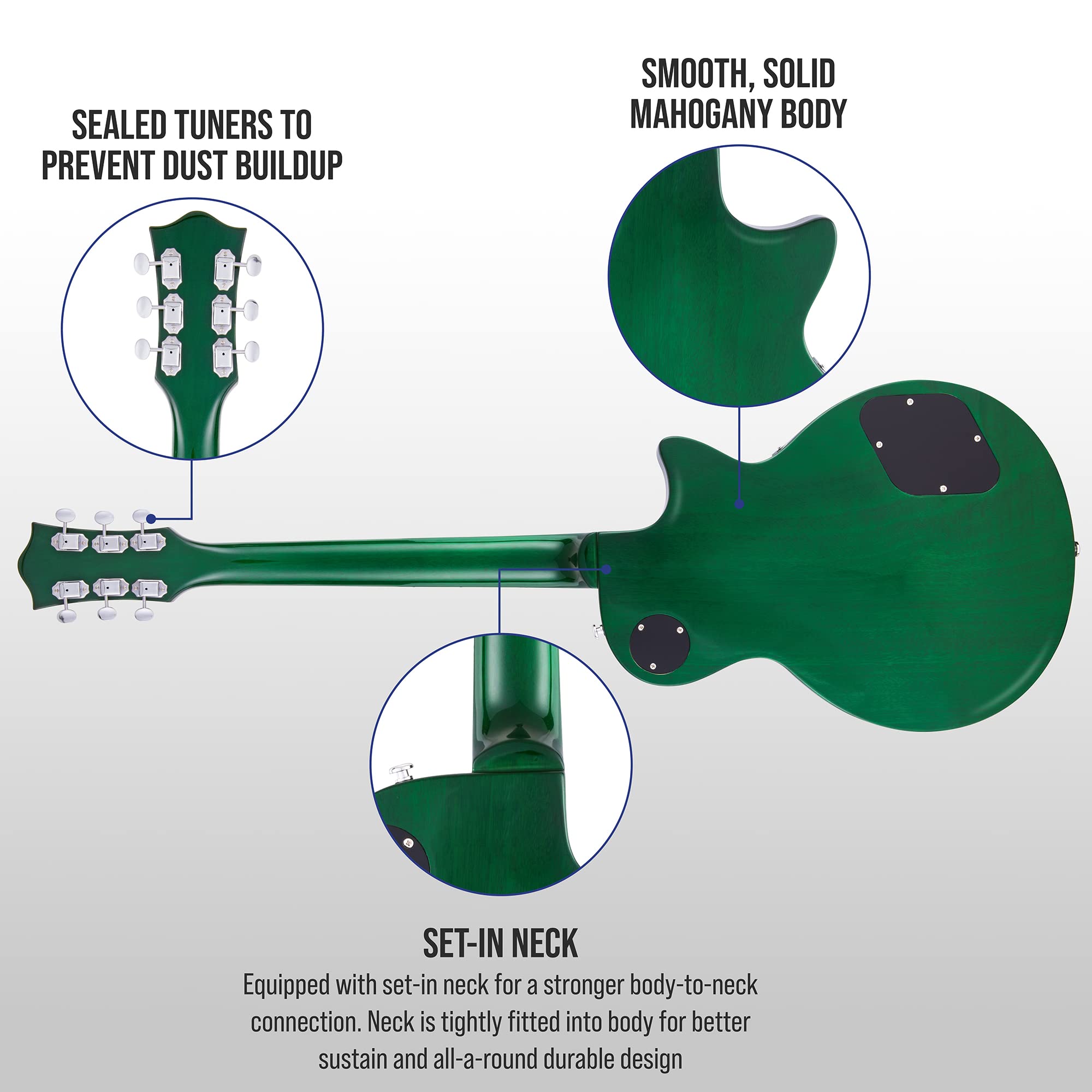 LyxPro 39” Left Hand SB Series Electric Guitar, LP Style for Beginner, Intermediate & Pro Players Solid Body Guitar, Bonus 2-Pack of Picks, Mahogany Wood, Volume/Tone Controls, 3-Way Pickup - Green