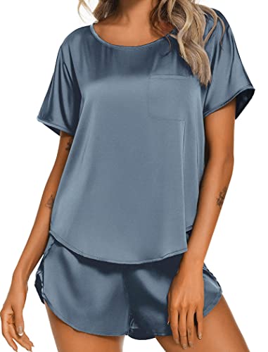Ekouaer Satin Pyjamas Woman Sleepwear Pajama Shorts Set Silky Night wear Pjs Sets D.grey M