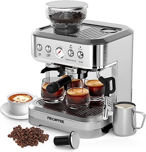Fricoffee Espresso Machine with Milk Frother, Coffee Espresso Machine with Grinder, Cappuccino Machine Stainless Steel for Home Commercial Use, Gift fot Father Coffee Lovers