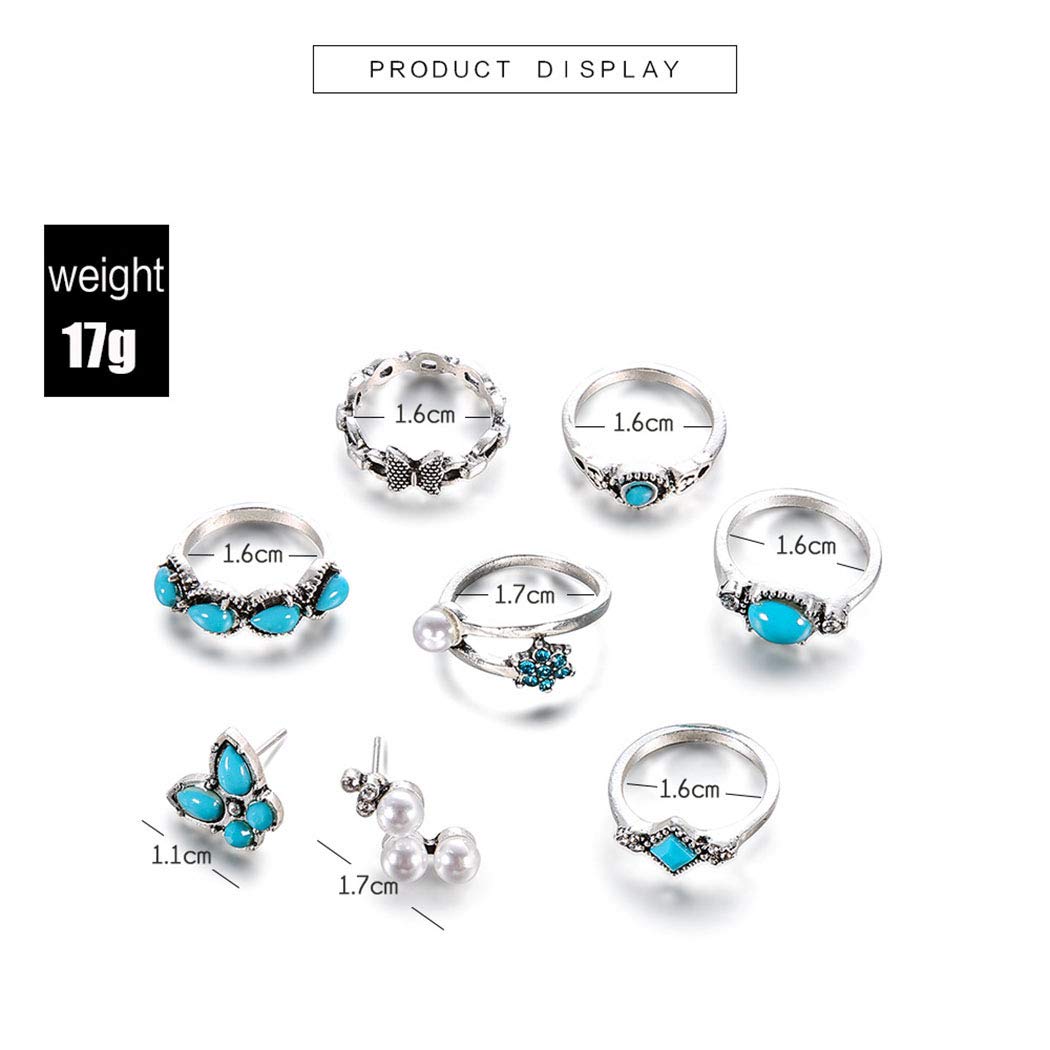 Ajacry Boho Turquoise Knuckle Ring Gold Butterfly Stackable Midi Finger Rings Set Flower Hollowing Joint Rings Set Hand Accessories for Women and Girls (8Pcs)