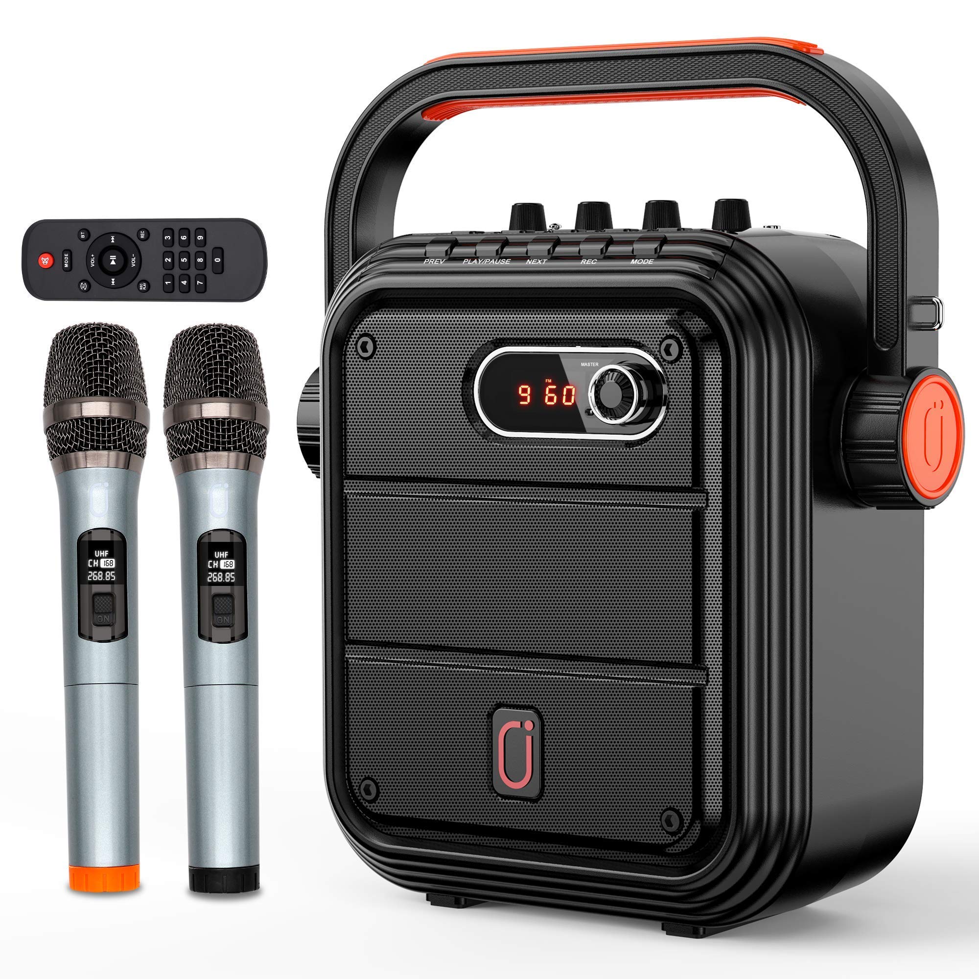 JYX Karaoke Machine with Three Wireless Microphones, Portable Bluetooth Speaker with Shoulder Strap, HD Sound PA System Support TWS, Radio, AUX In, REC, Bass&Treble for Outdoor Party/Meeting