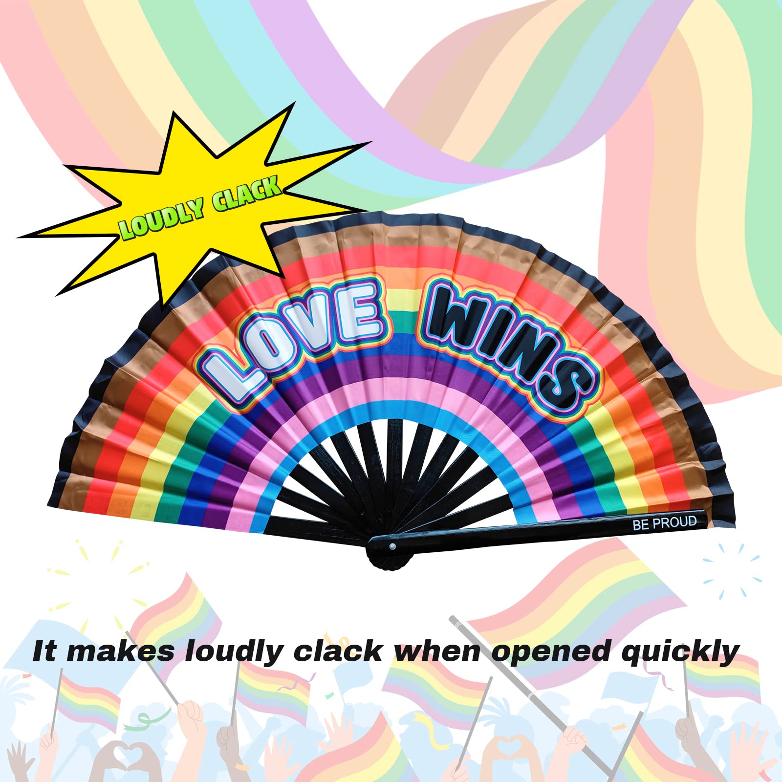 bmuvghi Rainbow Folding Fan Pride Hand Held Fan Gay Pride Stuff Large Clack Hand Fan Foldable Rave Fan for LGBTQIA+ Pride Parade Pride Accessories Stuff