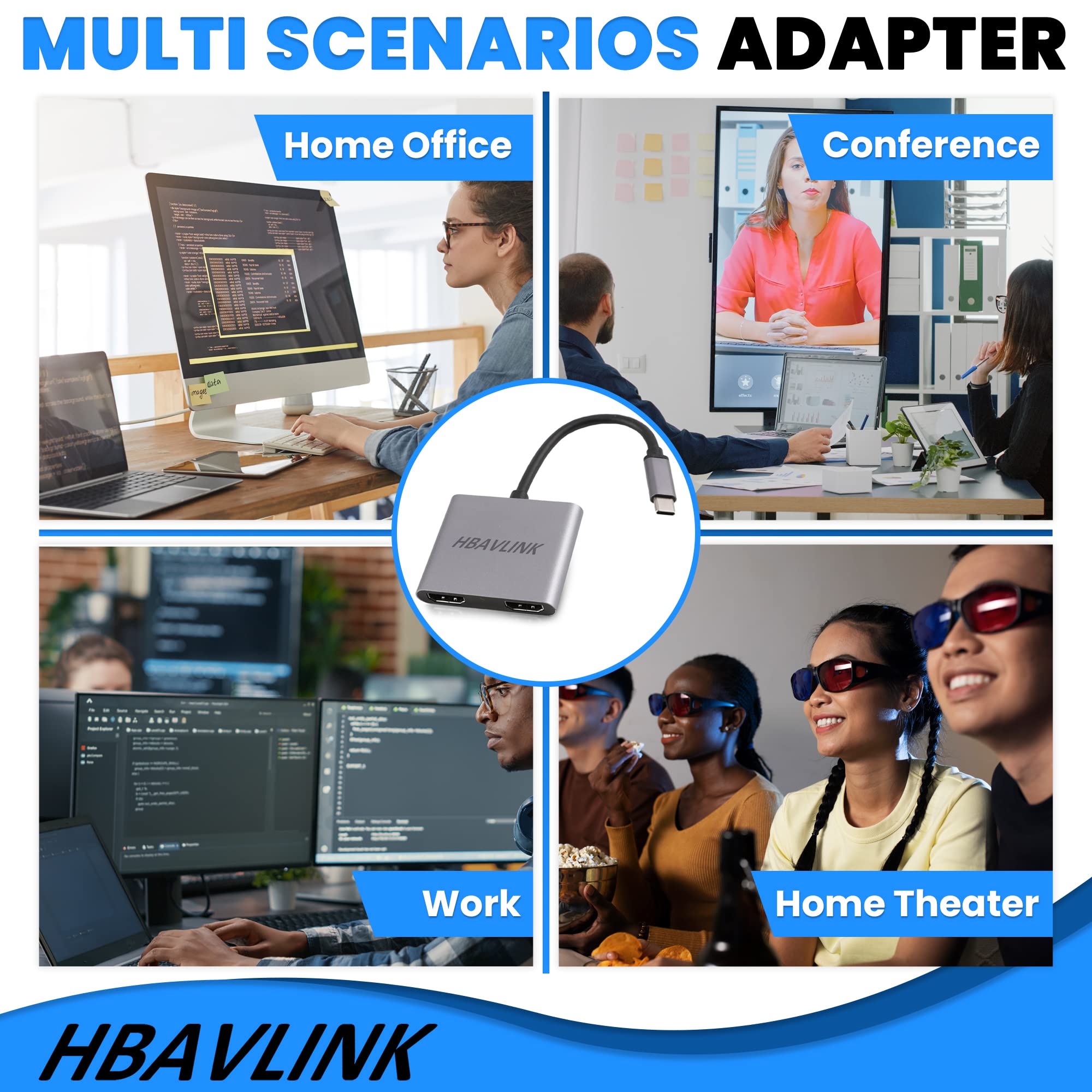 HBAVLINK USB C to Dual HDMI Adapter for Dual Monitor, w/2pack HDMI Cable, Supports Dual 4K@30Hz, Compact Aluminum Alloy Housing