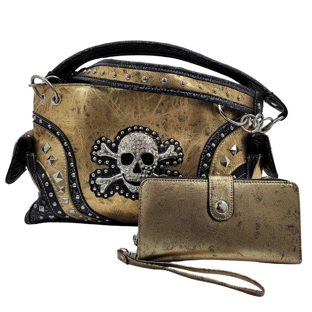 R2N fashions Western Rhinestone Studded SKull Concealed Carry Handbag and wallet set (Metallic pinK)