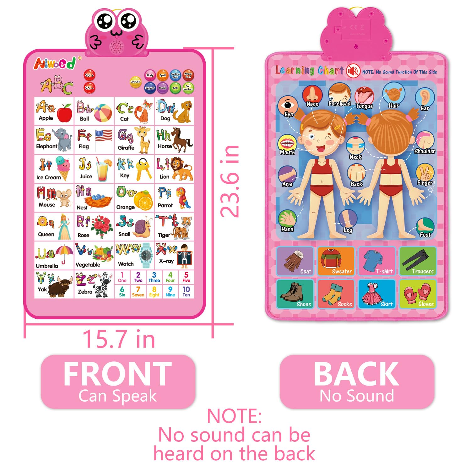 Electronic Interactive Double-Sided Alphabet Wall Chart, Talking ABC & 123 & Music & Learning Poster, Educational Toddlers Toys for Ages 2-4 and Up Kids Gifts, Best for Preschool Boys & Girls(Pink)