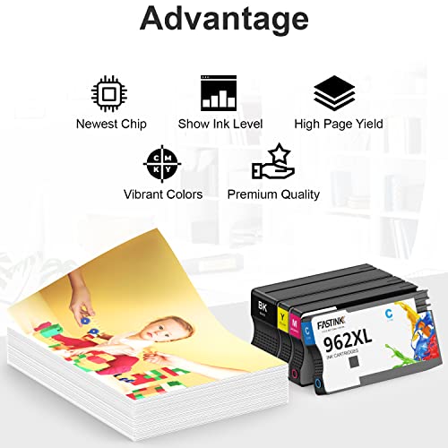 FASTINK 962XL Ink Cartridges Combo Pack Remanufactured HP 962 XL Work for HP 9015e 9015 9010 9018 9018e 9020 9012 9016 9013 9014 9022 9023 Series Printer, 4 Pack
