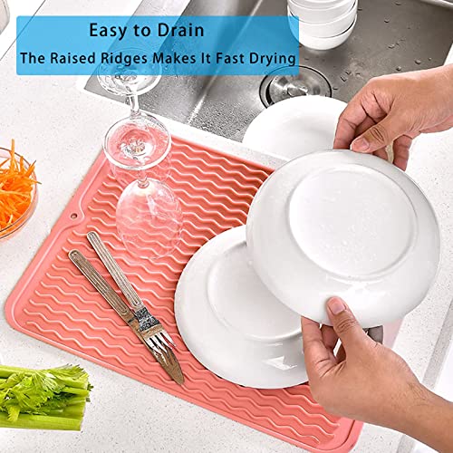 Happy L Dish Drying Mat for Kitchen Counter, Silicone Dish Drainer Mats Heat Resistant Mat, Non-slipping Dishwasher Safe (Pink, 16inch x 12inch)