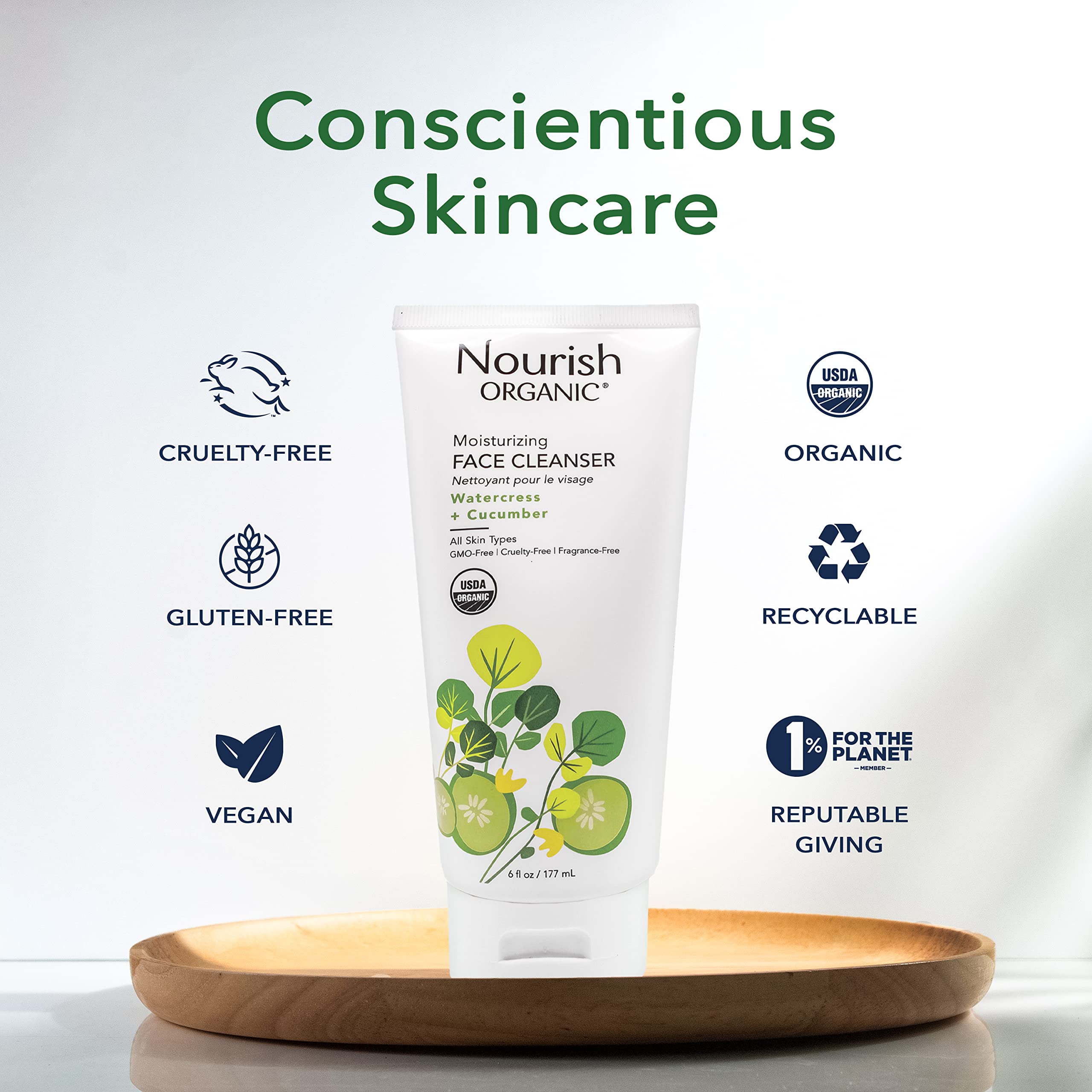 Nourish Organic Moisturizing Face Cleanser for All Skin Types, Watercress + Cucumber Face Wash, Fragrance-Free (6 Oz) + Washable Cotton Round