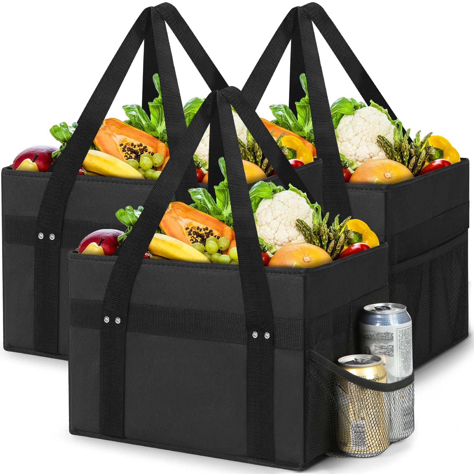 Carbrea Reusable Grocery Bags - 3 Pack Foldable Shopping Bags with 2 Side Mesh Pockets Utility Tote Bag with Widened Webbing for Groceries Storage Shopping Picnic - Black