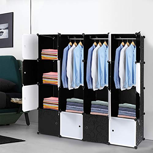 DWLOMHE Wardrobe Cabinet,Bookcase Modular DIY Plastic Cabinet, Storage Shelves for Lounge, Office,with 3 Clothes Rails,16 Cubes