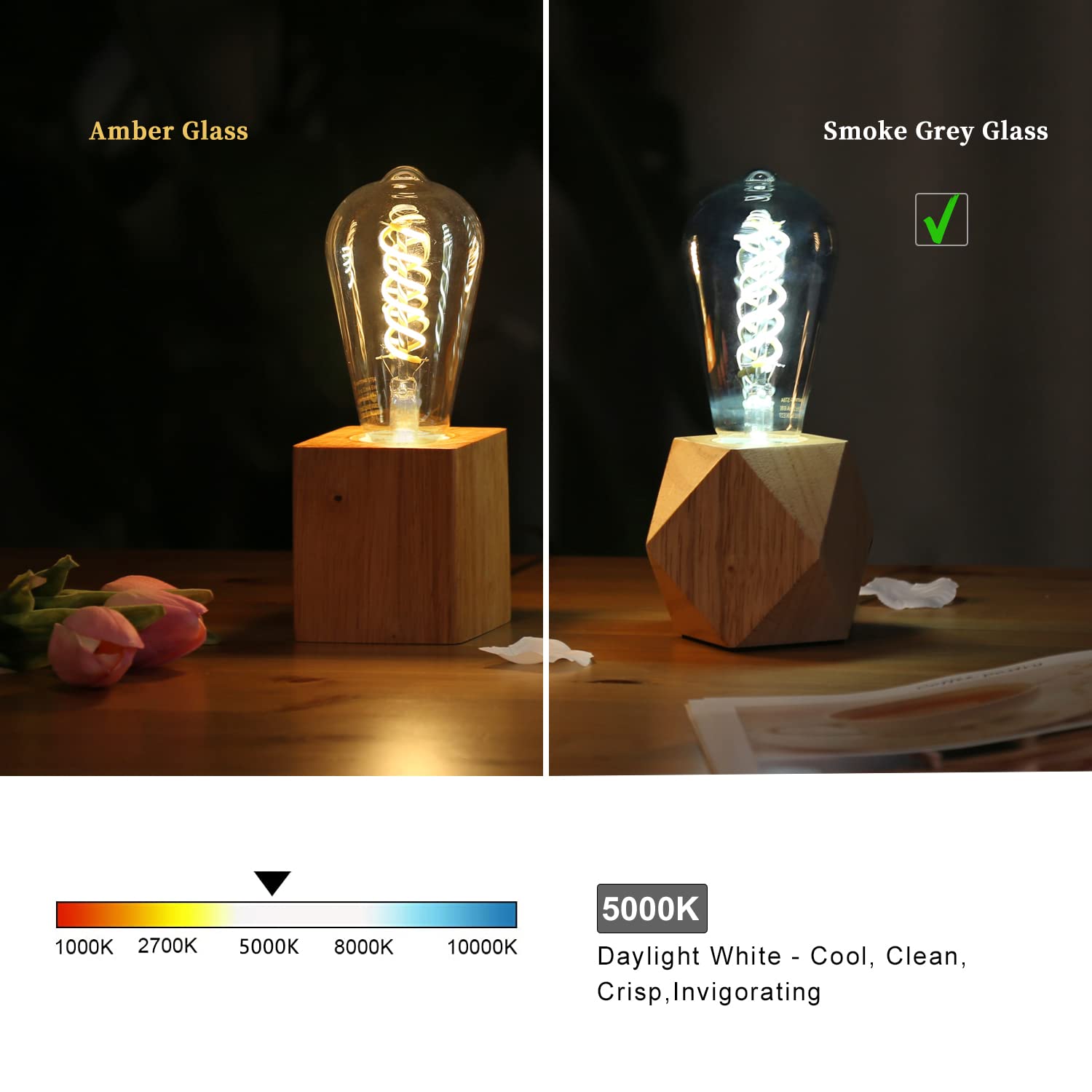 Austin Coast ST19/ST58 Vintage LED Edison Bulb,4.5W Daylight 5000K,Dimmable Flexible Spiral LED Filament Light Bulb with Smoky Grey Glass,4.5W Equivalent to 45W, E26 Base(4.5W-5000K-6 Pack)
