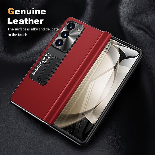 for Samsung Z-Fold-5 Cover: Genuine Leather Galaxy Fold 5 Kickstand Case[Hinge Protection][Screen Protector] Skin Felling - Durable Shockproof Protective Phone Case for Galaxy Fold 5 2023 - Red