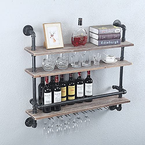 Industrial Pipe Shelf Wine Rack Wall Mounted with 9 Stem Glass Holder,3-Tiers Rustic Floating Bar Shelves Wine Shelf,36in Real Wood Shelves Wall Shelf Unit,Steam Punk Pipe Shelving Wine Glass Rack