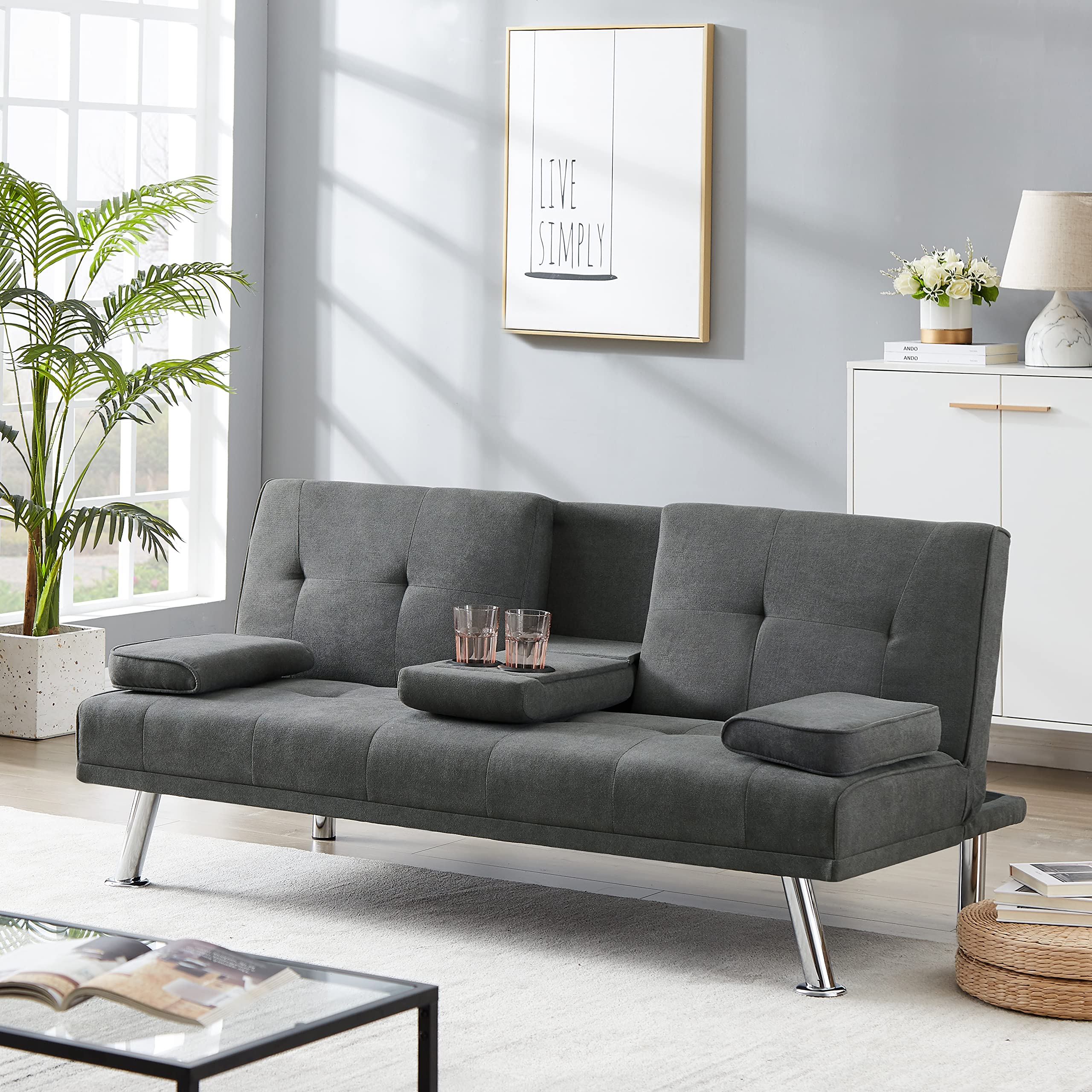 DKLGG Convertible Futon Sofa Bed, Upholstered Sofa Couch, Recliner Loveseat Folding Daybed with 2 Cup Holders and Removable Armrests Sleeper Sofa for Small Space, Home, Living Room, Dark Gray