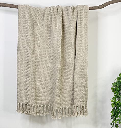 Chardin home Stonewash Beige Waffle Weave Throw, 50x60 Inch 100% Cotton- Large, Wearable, Breathable, Skin-Friendly & Cozy Everyday use Blanket for Couch, Bed, Sofa - Soft & Lightweight Picnic Throw
