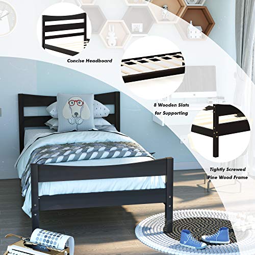 Giantex Wood Bed Frame Twin Size, Rustic Style Platform Bed w/Headboard & Footboard, Solid Wood Slat Support, No Box Spring Needed, Panel Bed Mattress Foundation for Kids (Espresso)