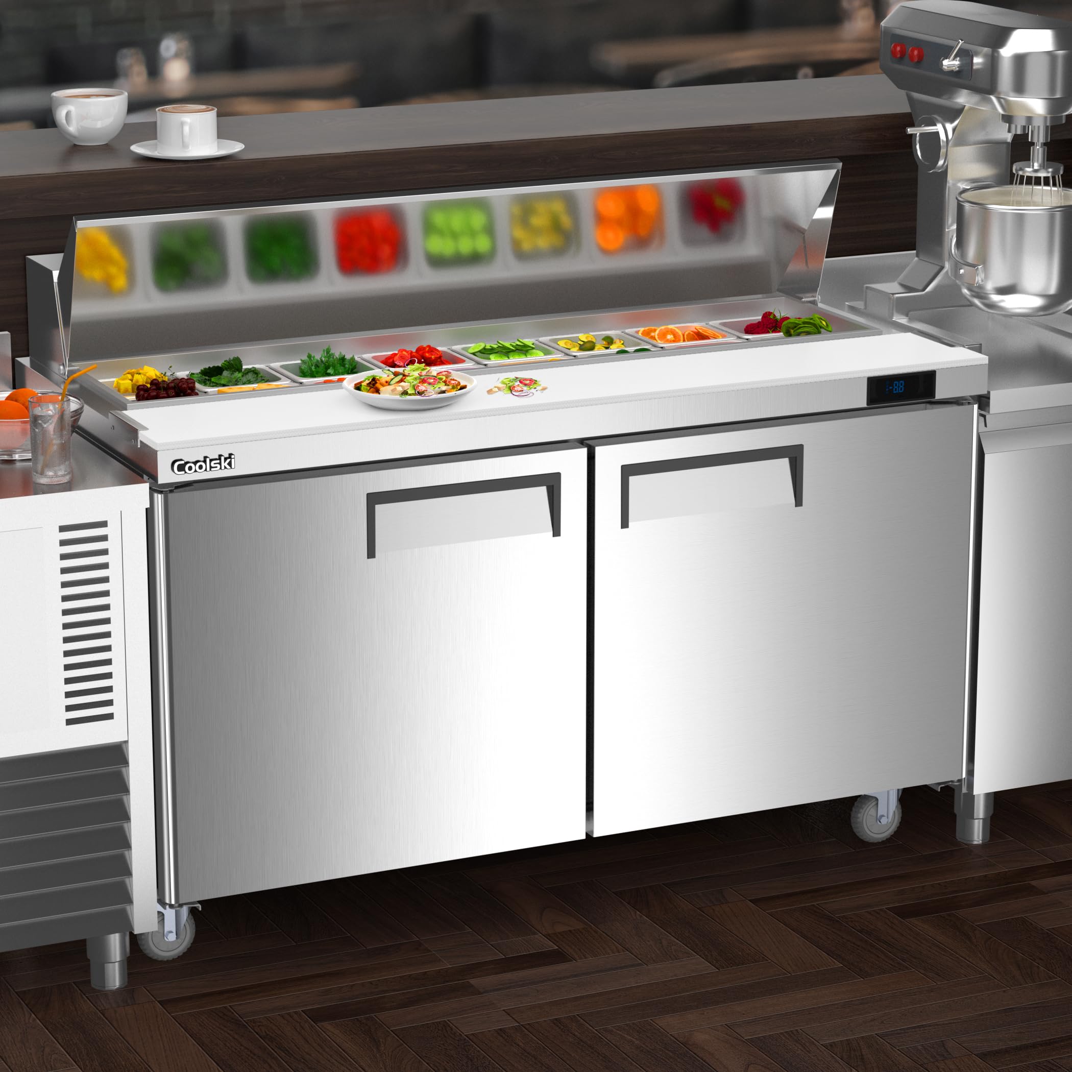Coolski 60ββ W 2 Door Commercial Refrigerator, Refrigerated Sandwich Salad Prep Table with 16 Pans/Mega Top/Cutting Board, 18 Cu.Ft. Large Capacity Stainless Steel ETL NSF Approved