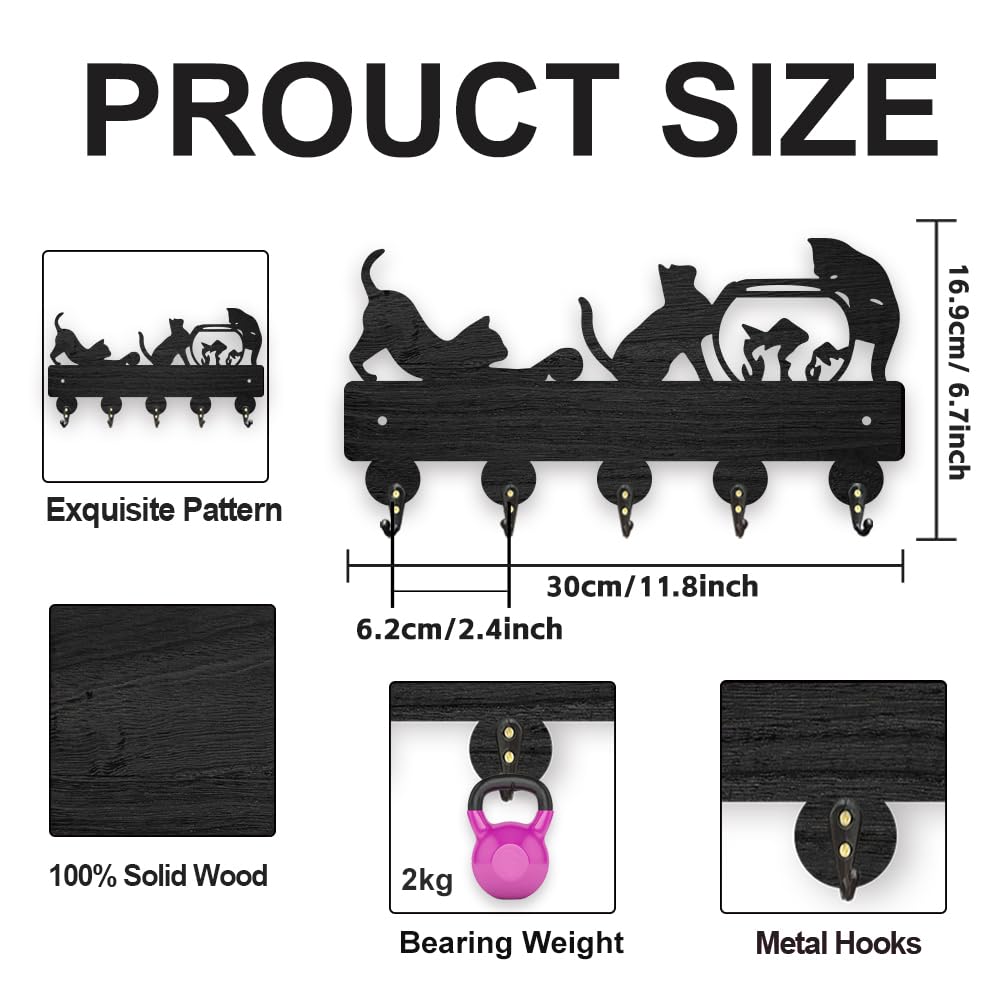 BEUNITONE Cat Wooden Key Holder Animal Key Hanger 11.8x7.9 Cat Fish Decorative Key Holder Rack Wall Mounted Wood Key Display Holder with 5 Hooks and Screws for Entryway Kitchen Hallway Office