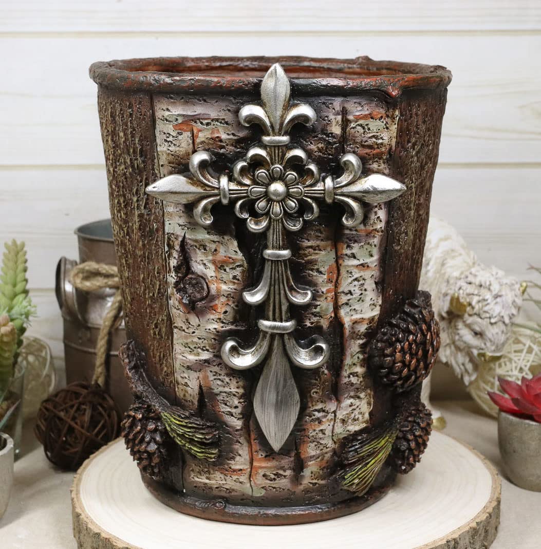 Ebros Gift Rustic Southwestern Inspirational Le Fleur Cross with Birch and Pinecones Bathroom Accessory Resin Sculpture Fleur De Lis Accent (Dry Waste Basket Trash Bin)