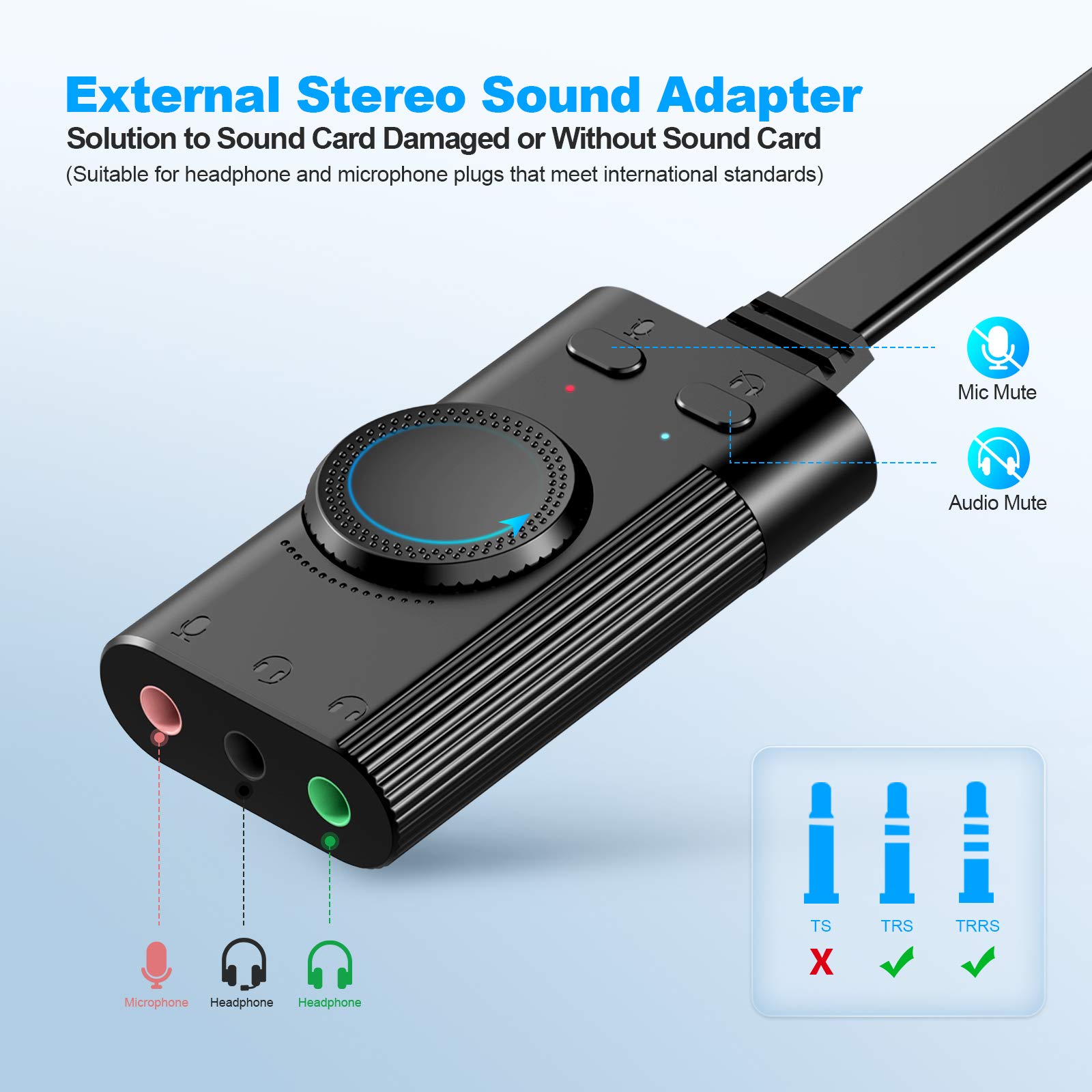 TechRise USB Sound Card, External Sound Card with Volume Control, USB to 3.5mm Jack Audio Adapter for Windows, Mac, PC, Laptop, Desktop, Headset, Switch and More, Plug & Play No Drivers Needed