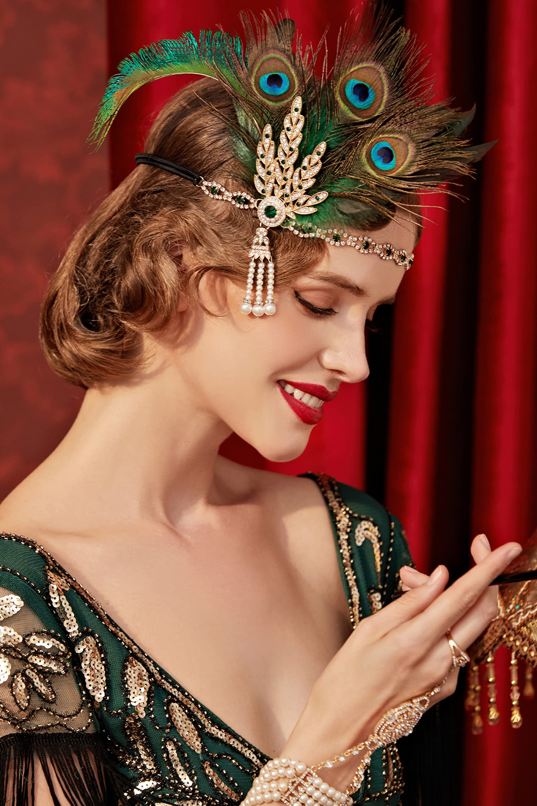 BABEYOND 1920s Flapper Headband Feather Headpiece Roaring 20s Gatsby Hair Accessories for Women (Peacock Green)