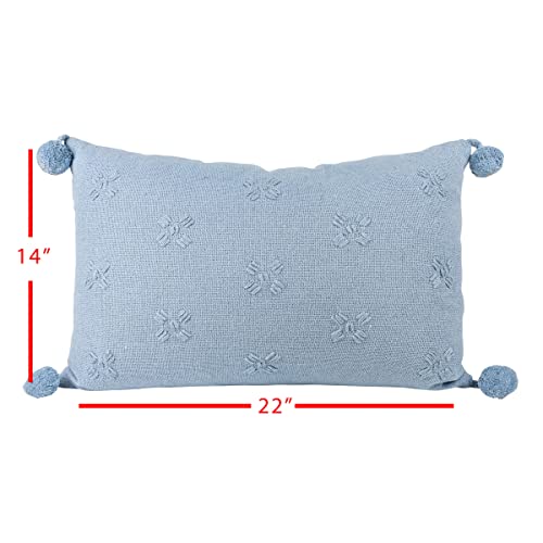Foreside Home & Garden Blue with Pom Corners 14X22 Hand Woven Filled Pillow