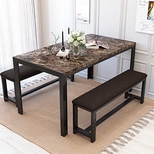 DKLGG Dining Room Table Set for 4, Faux Marble Kitchen Table with 2 PU Leather Upholstered Dining Benches, Upgrade Dinner Table Set for 4-6, Kitchen & Dining Room Tables for Small Space Apartment