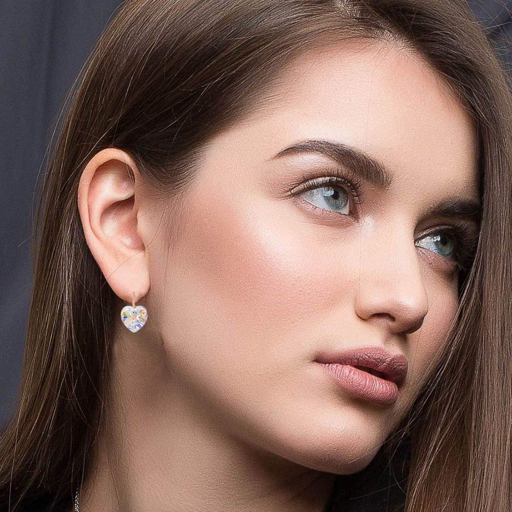 Austrian Crystal Heart Drop Leverback Earrings for Women 14K Rose Gold Plated Hypoallergenic Jewelry (Aurora Borealis)