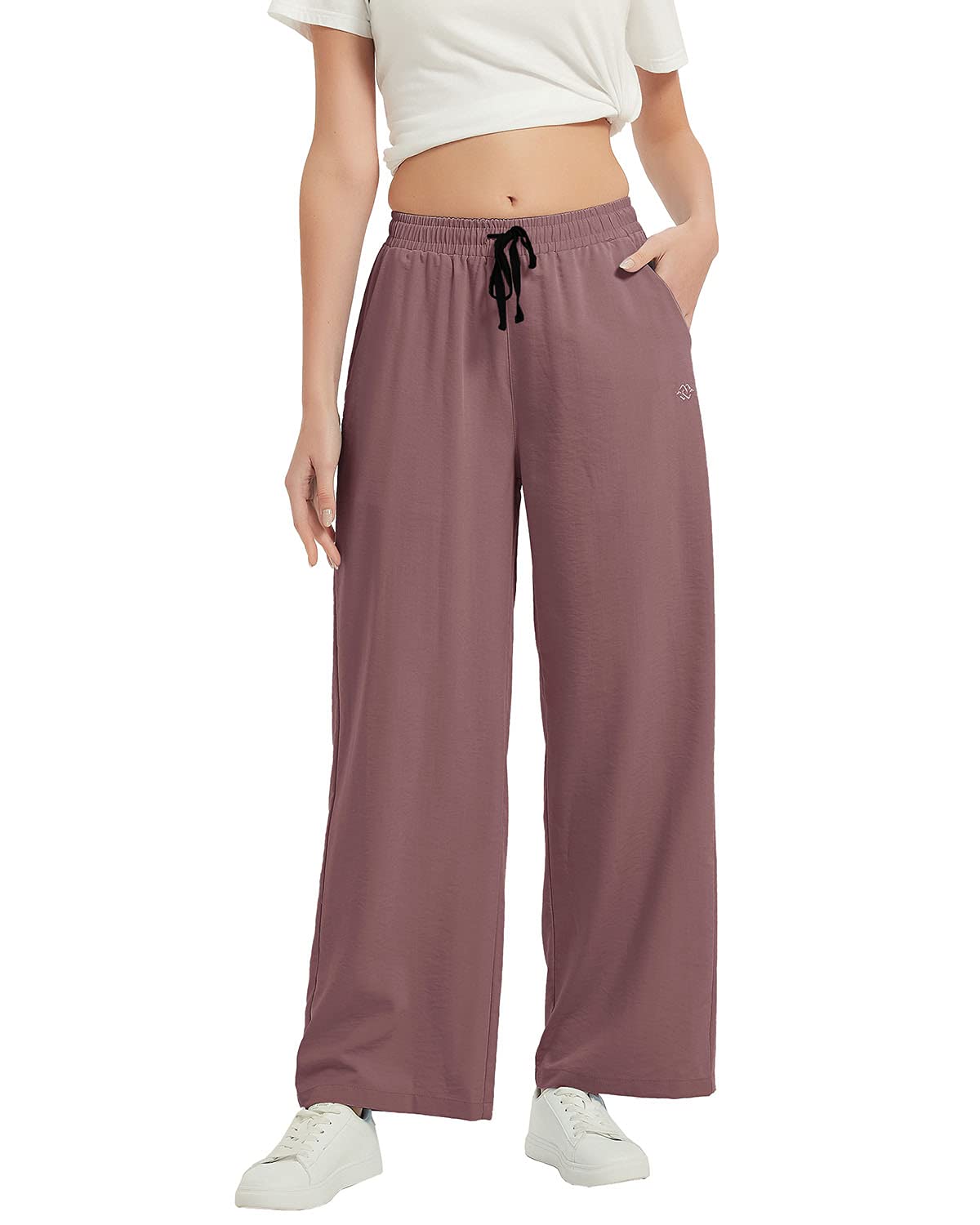 AjezMax Casual Bottoms for Women Wide Leg Pants Drawstring Trousers with Pockets Bean Paste L
