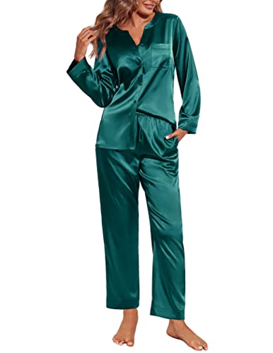 Ekouaer Womens Silk Pjs Long Sleeve Sleepwear Satin Pajamas Top and Pants Set Two Piece Sleep Set Dark Green