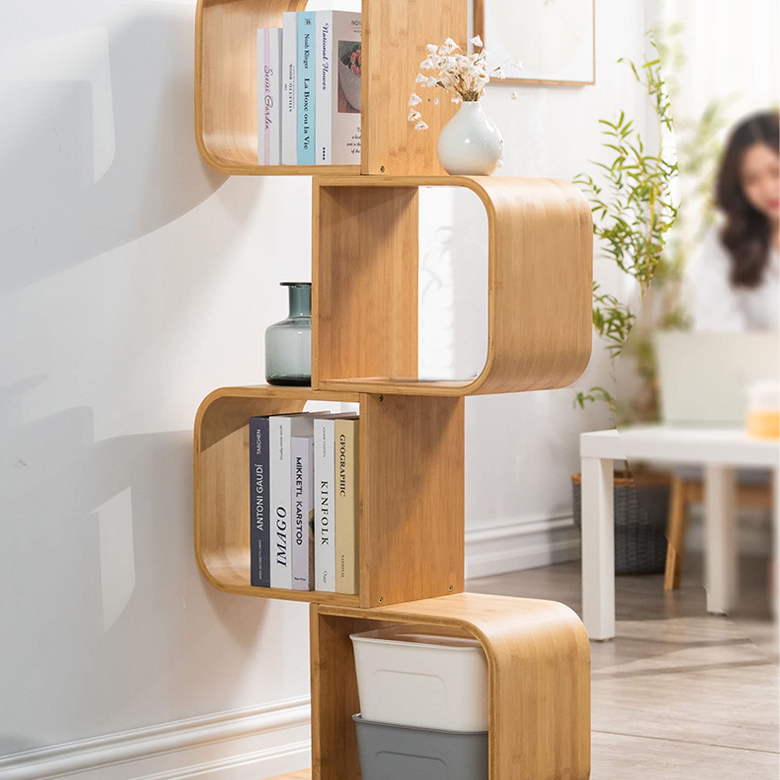 Colossaln Elegant Design White Painted S Shape Bookcase Standing Wooden Shelving Unit Home Office Decorational (5 Tier)