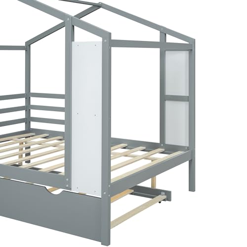 Full Size House Bed with Trundle, Full Bed with Trundle Wood Full Bed Frame with Fence, Writing Board, Montessori Bed Frame with Trundle Bed Full kids Bed Frame for Kids, No Box Spring Need, Grey
