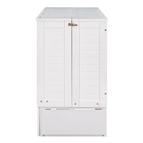 Flieks Queen Size Mobile Murphy Bed, Queen Platform Bed with Drawer and Little Shelves on Each Side, White