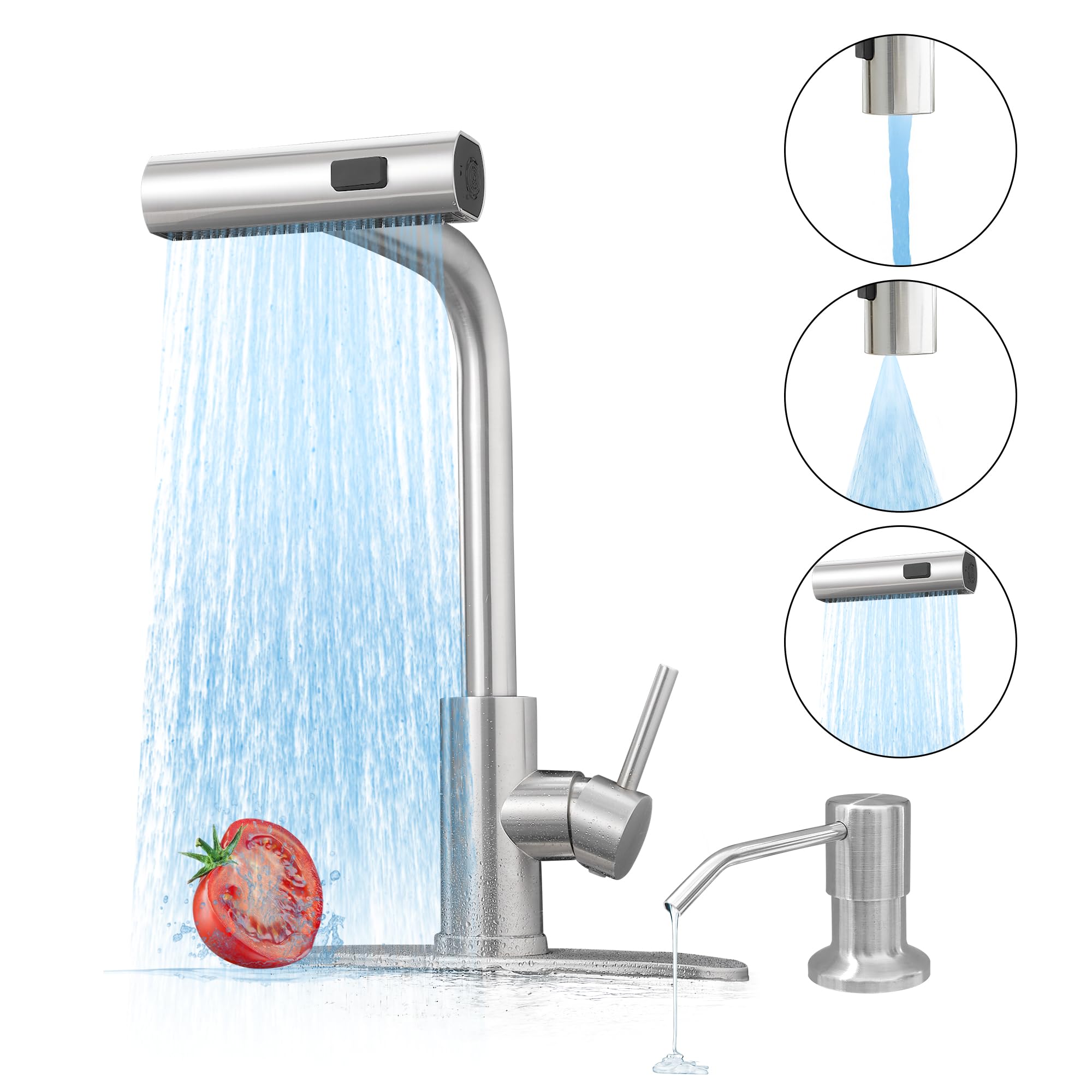 Black Kitchen Faucets with Pull Down Sprayer,Waterfall Kitchen Sink Faucet, Utility Stainless Steel Kitchen Faucets with Soap Dispenser,Single Handle Sink Faucet with Pull Down Sprayer for 3 Function