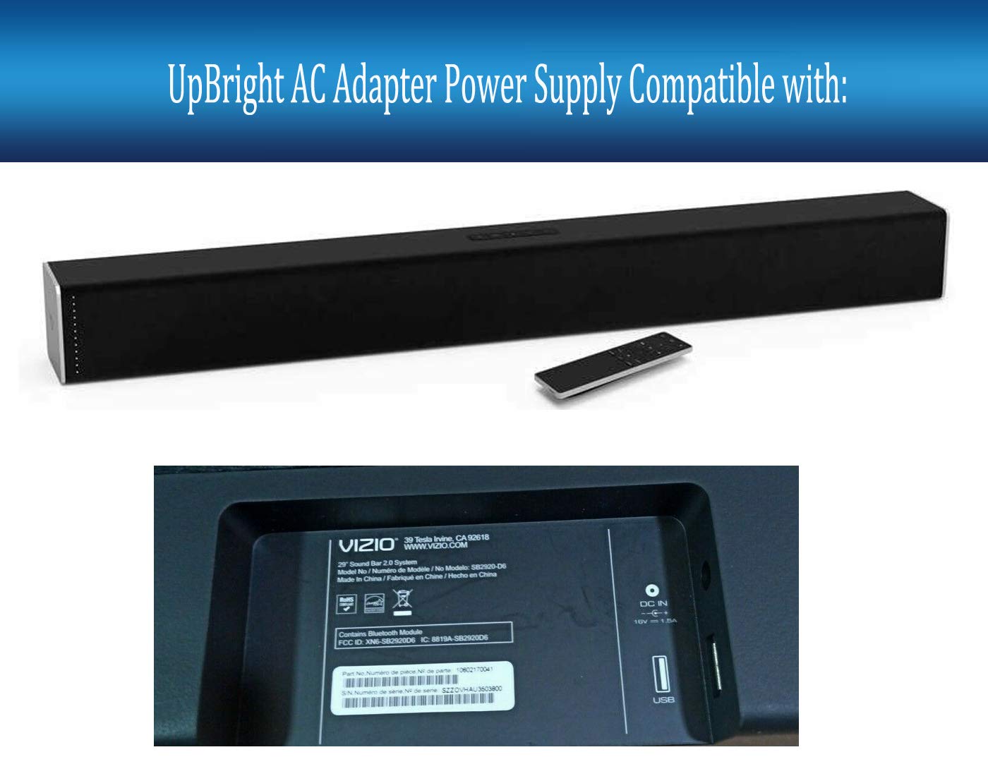 UpBright 16V AC/DC Adapter Compatible with VIZIO Sound Bar Model SB2920-D6 SB2920D6 SB2920-D6C-RB 2.0 Channel 29" Bluetooth SoundBar Speaker System 16VDC DC16V 16.0V Power Supply Cord Battery Charger