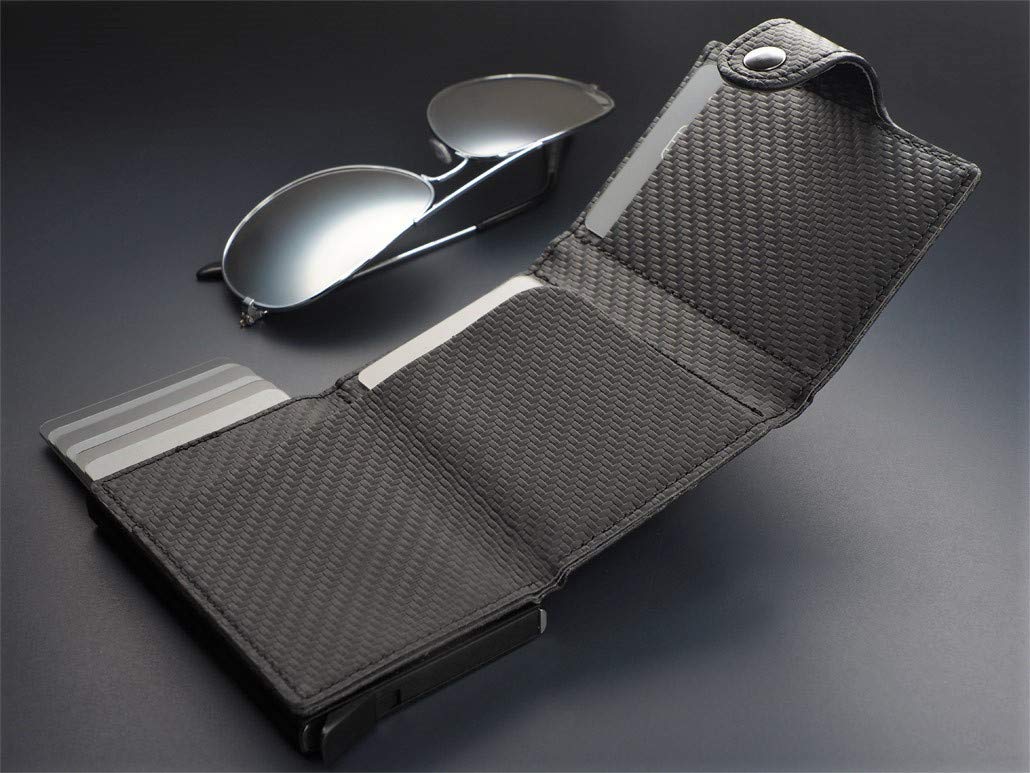 PULARYS Mini Wallet CARBON - Card Case Made of Carbon Eco-Leather - RFID blocking - Size: 7.5 x 9.5 x 2.5 cm - Space for up to 9 Cards - One Note Compartment Secured with Snap Closure