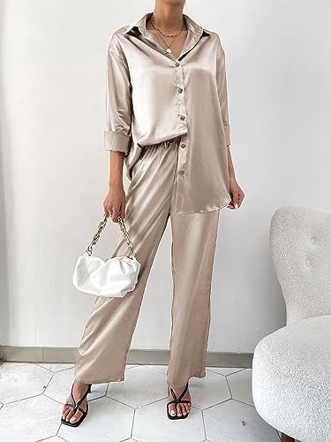 Ekouaer Womens Silky Loungewear Loose Satin Sleepwear Classic Long Sleeve Two Piece Pajama Set Champagne S