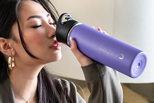 Cylindro Water Bottle, Triple-Layer Stainless Steel - 3 Lids, Vacuum Double Walled Copper Lined, BPA Free, w/ Silicone Boot, Hot & Cold - 22 Oz Veri Peri Purple