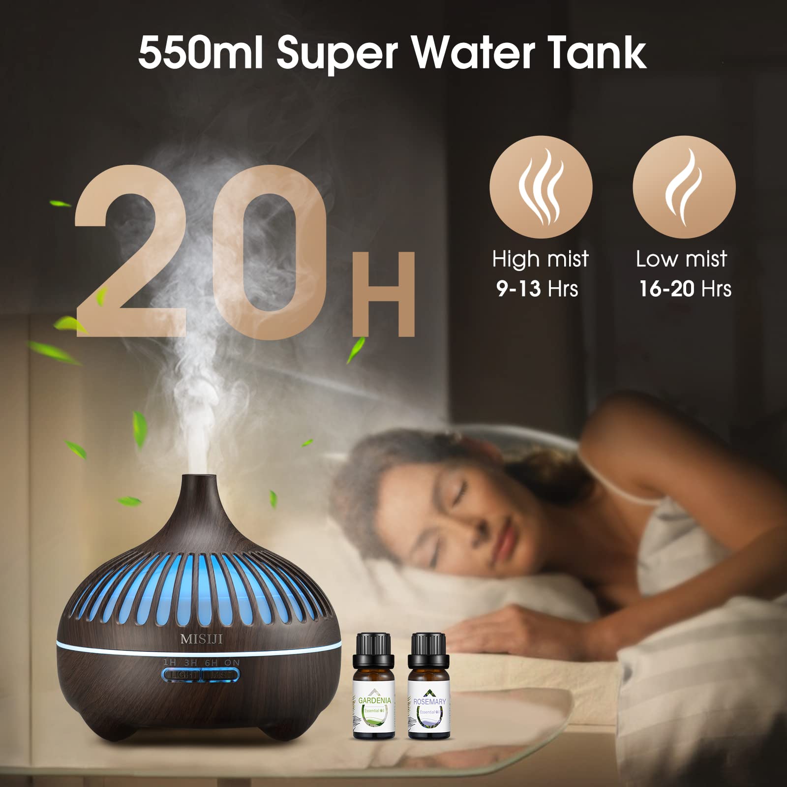 Aromatherapy Diffuser with 12 Essential Oils Set, 550ML Aroma Humidifier for Essential Oil Large Room, Bedroom Vaporizers Cool Mist Humidifier Gift Set…