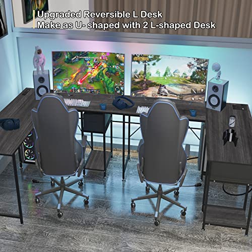 DLIUZ L Shaped Desk with Drawers,Computer Desk is Reversible Corner Large Gaming pc Table with USB Charging Port and Power Outlet,Long Writing Study Table with Shelve