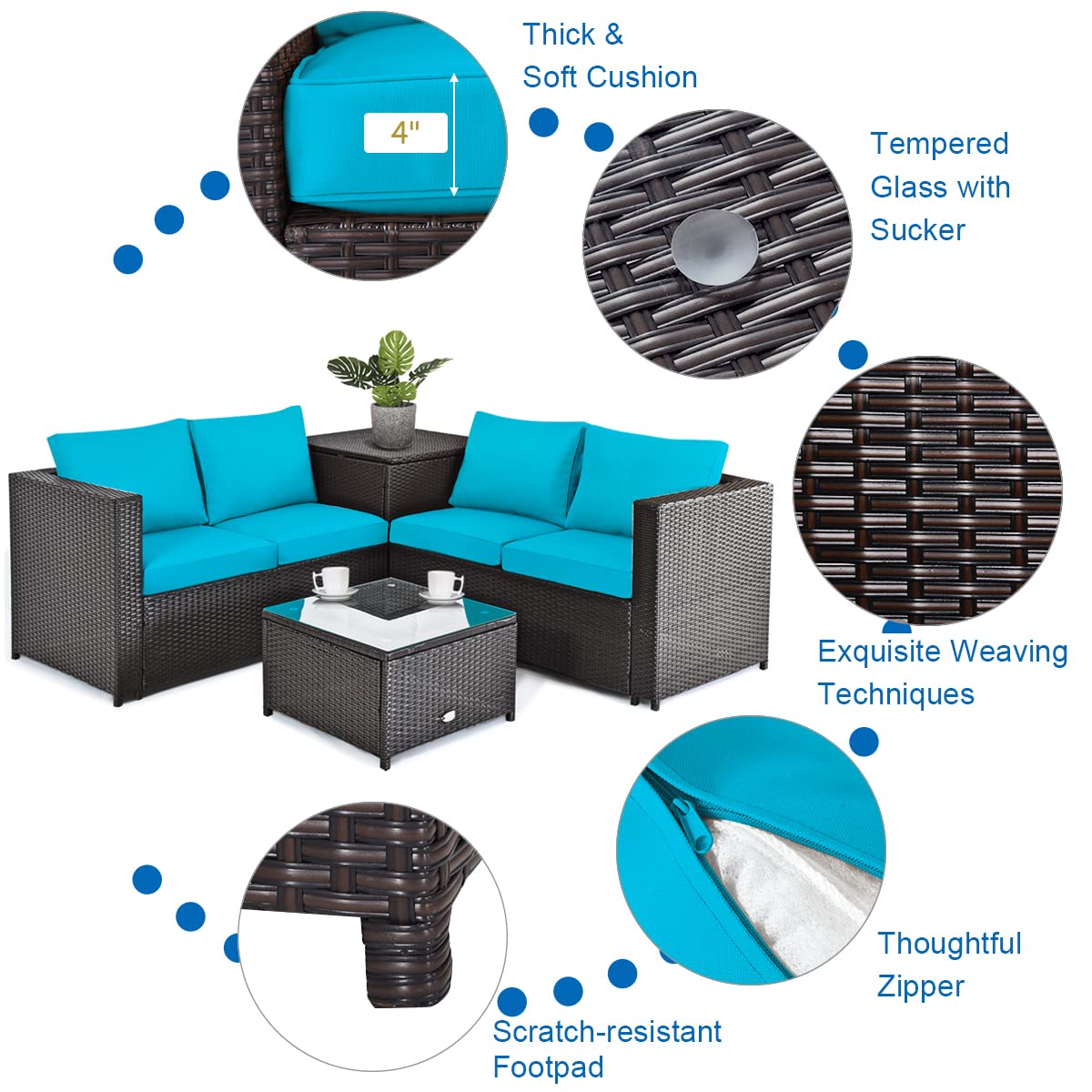 Tangkula 5 Piece Patio Furniture Set with 50,000 BTU Propane Fire Pit Table, Outdoor Wicker Conversation Set w/Cushions, Storage Box and Tempered Glass Coffee Table, 30” Gas Fire Pit Table (Turquoise)