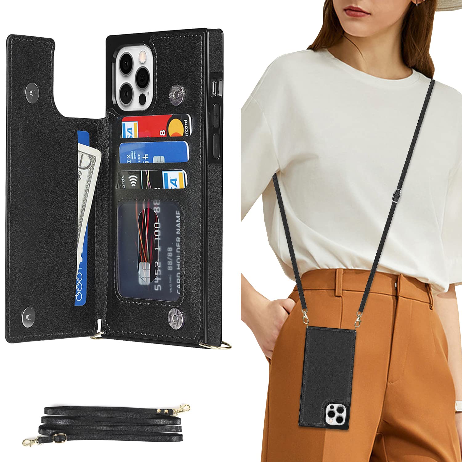 DEFBSC Compatible with iPhone 14 Pro Max Case, Crossbody Wallet Case, Adjustable Detachable Lanyard Neck Strap with Kickstand Leather Card Holder Protective Cover-Black