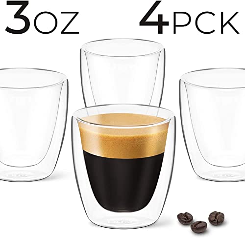 DLux Espresso Coffee Cups 3oz, Double Wall, Clear Glass set of 4 Glasses, Insulated Borosilicate Glassware Tea Cup