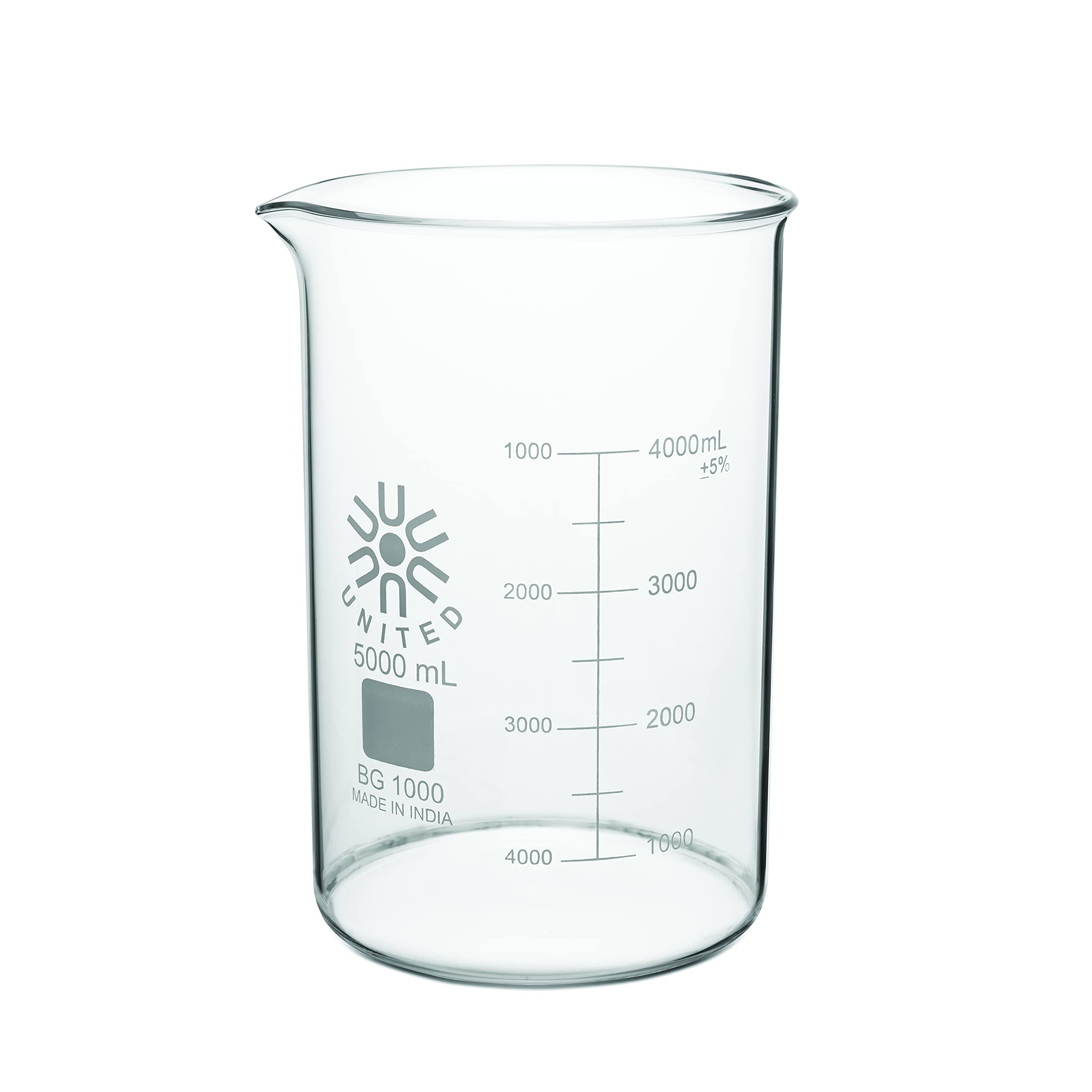 United Scientific⢠BG1000-5000 Borosilicate Laboratory Grade Glass Beakers | Griffin Style Low Form Beaker | Graduated with Spout | Designed for Laboratories & Chemistry Classrooms | 5000mL Capacity