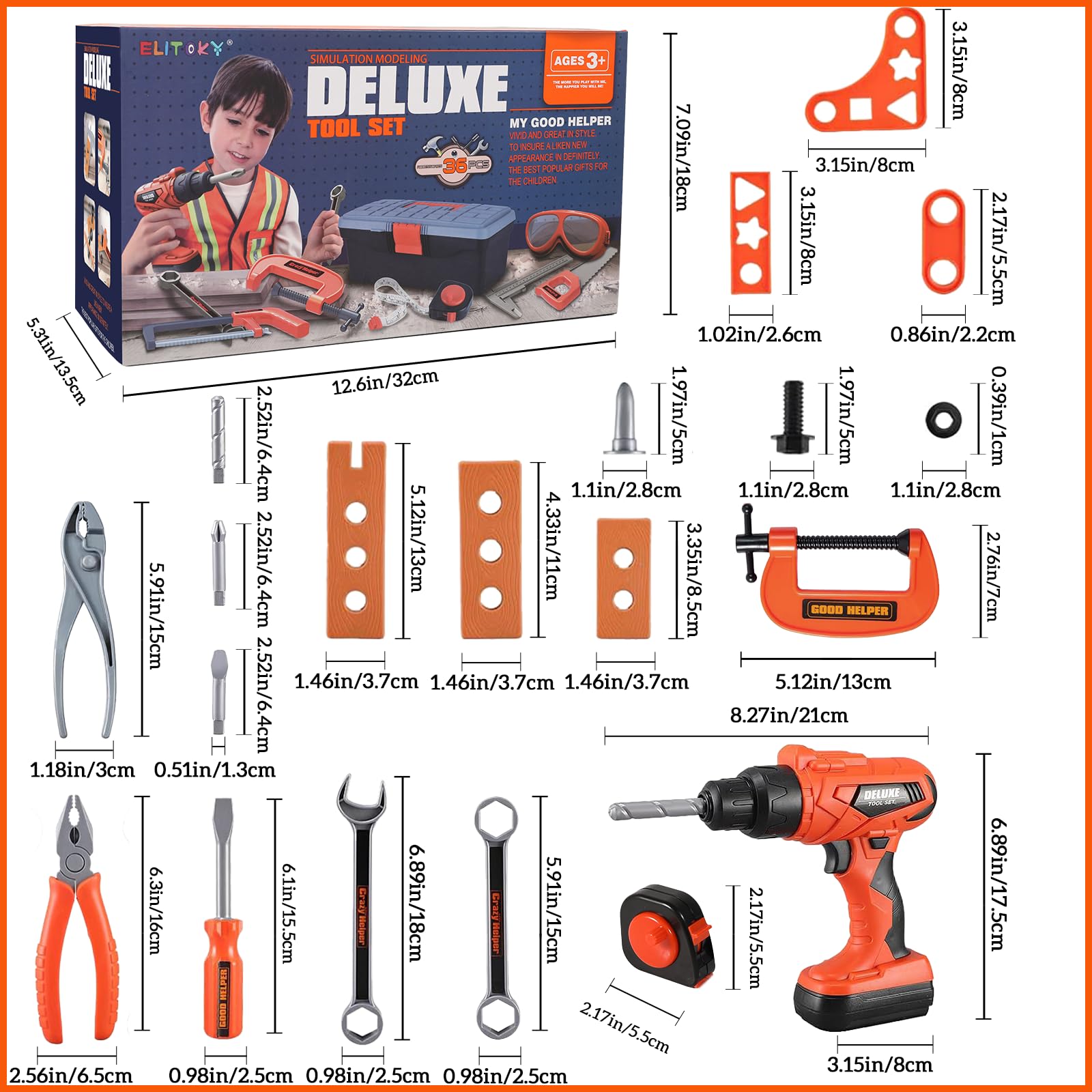 Elitoky Kids Tool Set - 35 PCS Toddler Tool Set with Tool Box & Electronic Toy Drill, Pretend Play Kids Construction Toy, Toddler Boy Toys, Toy Tools for Kids Ages 3,4,5,6,7,8 Years Old
